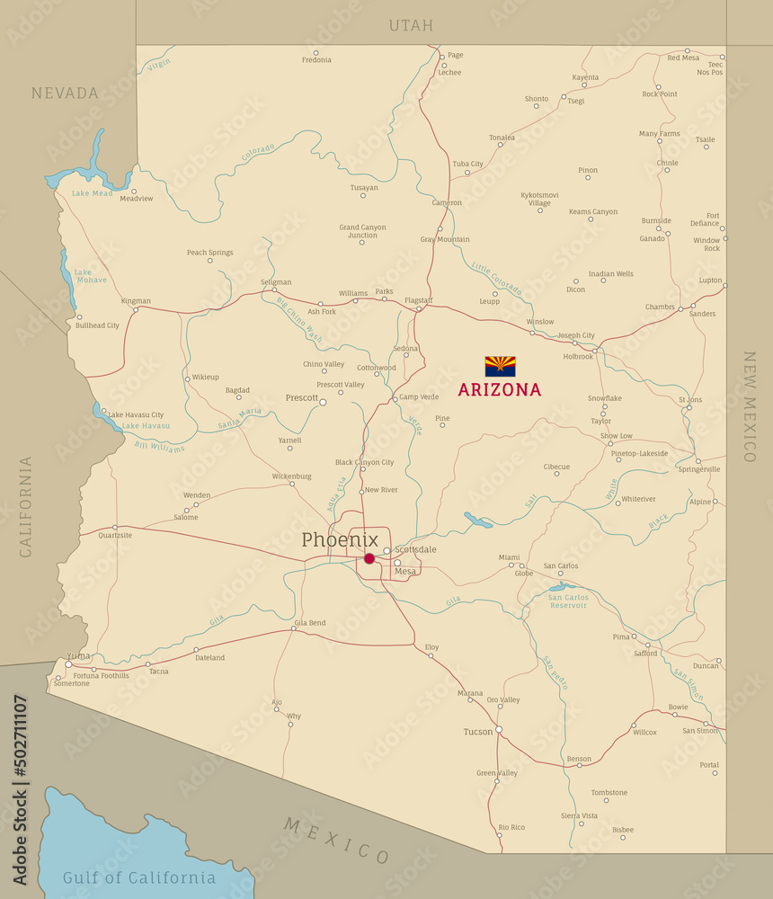 Road map of Arizona, US American Federal State. Highly detailed ...