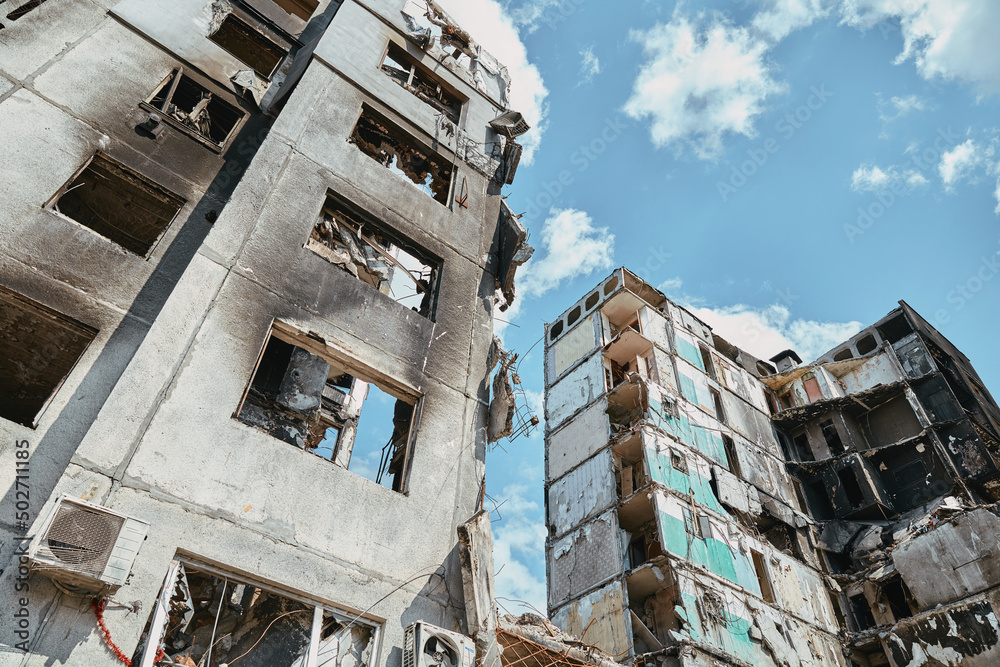 damaged building from Russian troaops in Ukraine, city of Borodianka ...