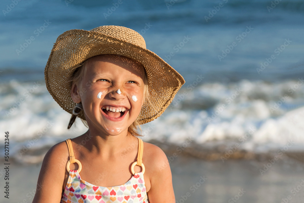 Sea Child Portrait on Sea Background. Happy Laughing Kid with Sunscreen ...