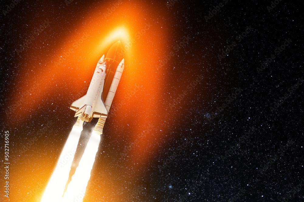 Spaceship flight. Glowing space shuttle with smoke and blast takes off ...