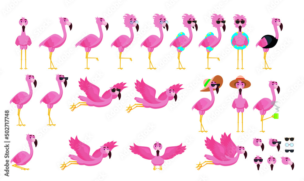 Cartoon flamingo set. Collection of cartoon flamingos in different ...