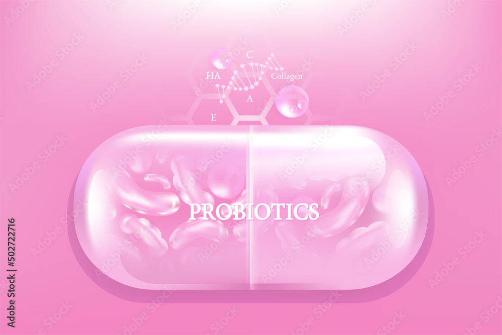 Probiotics and Hyaluronic acid skin solutions ad, pink vitamins serum ...