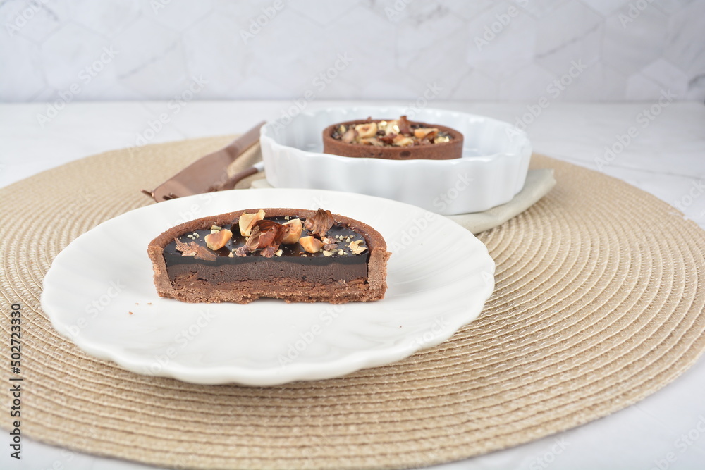 luxury home baked rocher dark rich chocolate tart in 3 layer with ...