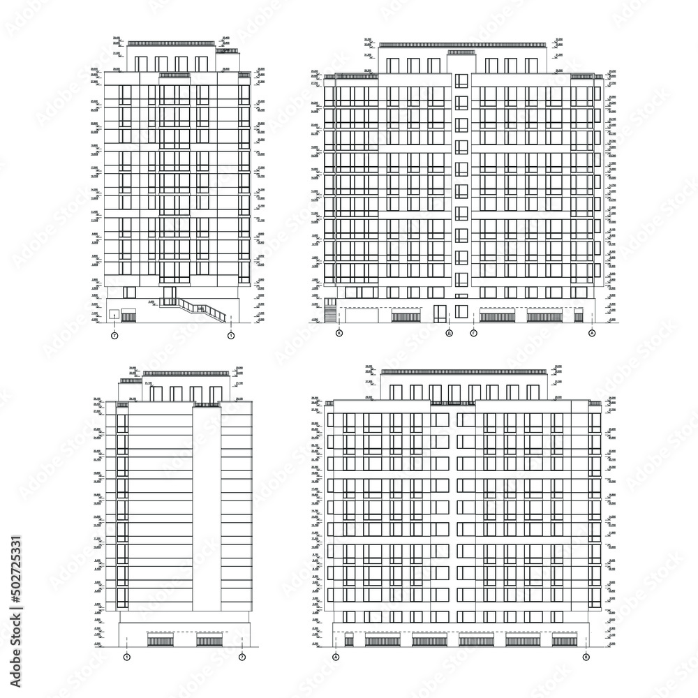 Multistory building detailed architectural technical facade drawing ...