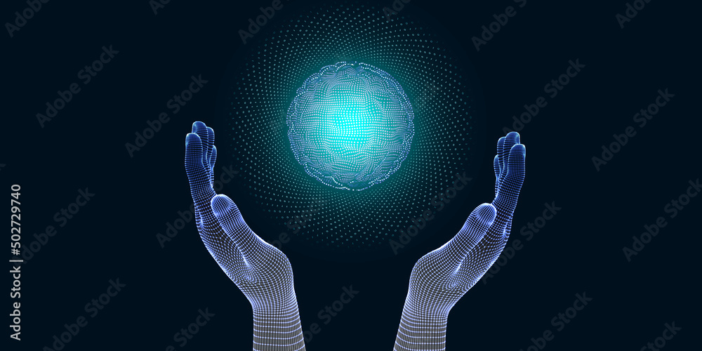 digital hand spreading hand circular grid wave with binary code artificial intelligence concept ...