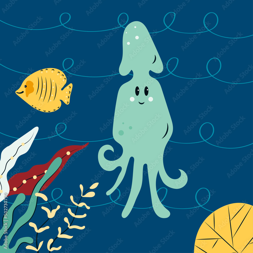 Cute Squid character floating in sea. Happy marine mollusc with ...