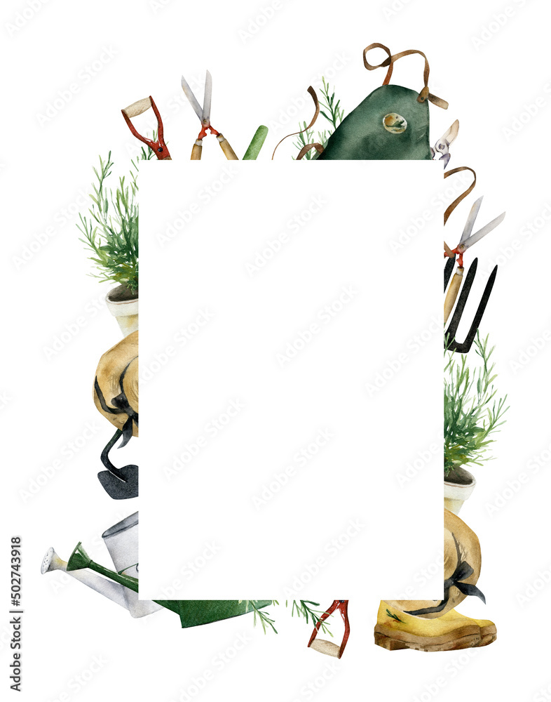 Watercolor gardening frame for text with garden tools, apron, hat ...