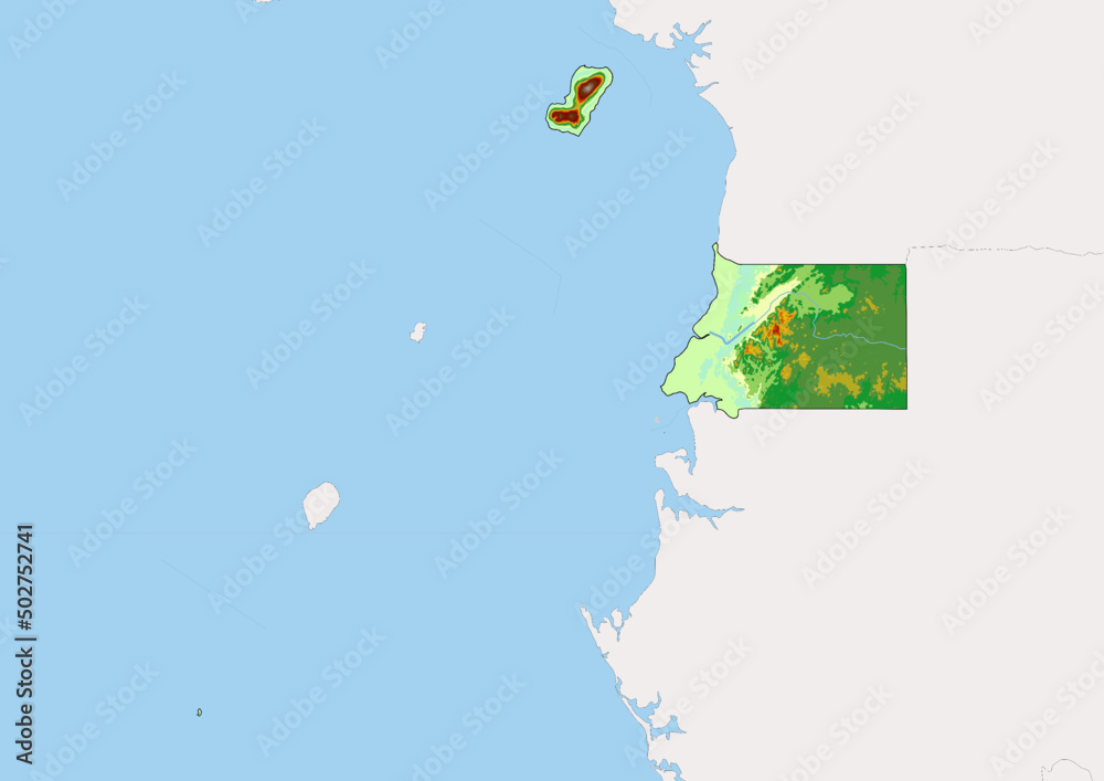 High detailed vector Equatorial Guinea physical map, topographic map of ...