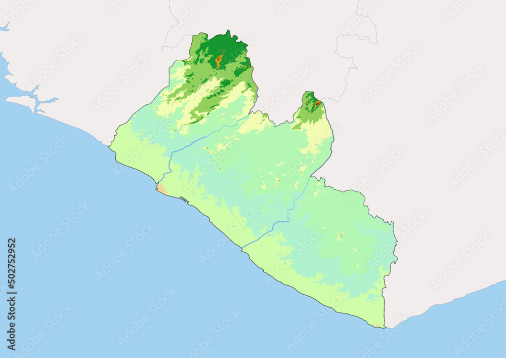 High detailed vector Liberia physical map, topographic map of Liberia ...
