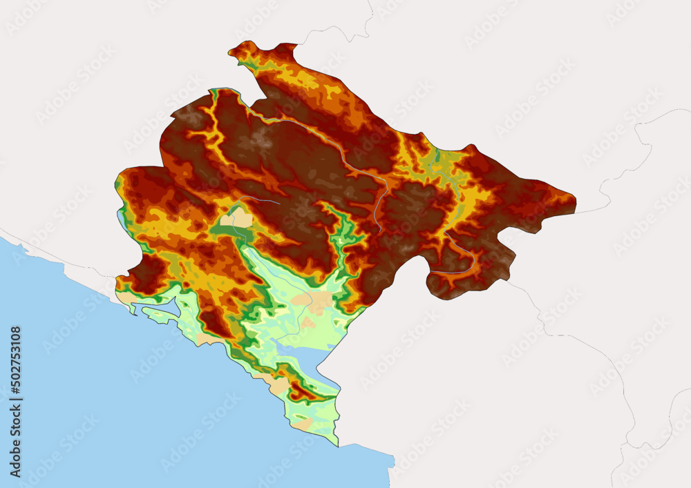High detailed vector Montenegro physical map, topographic map of ...