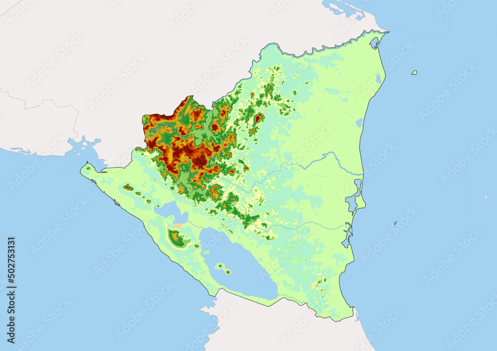 High detailed vector Nicaragua physical map, topographic map of Nicaragua on white with rivers ...