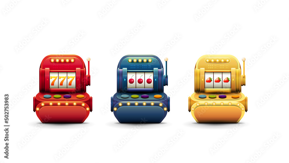 Volumetric slot machines with jackpots in cartoon style isolated on ...