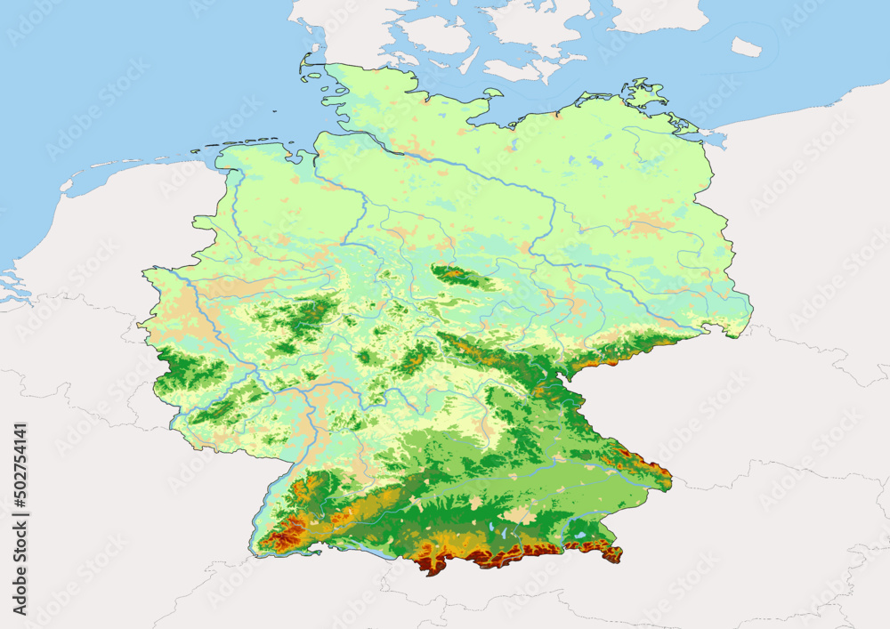 High detailed vector Germany physical map, topographic map of Germany ...