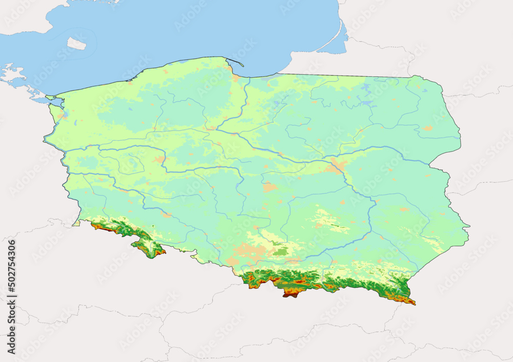 High detailed vector Poland physical map, topographic map of Poland on ...