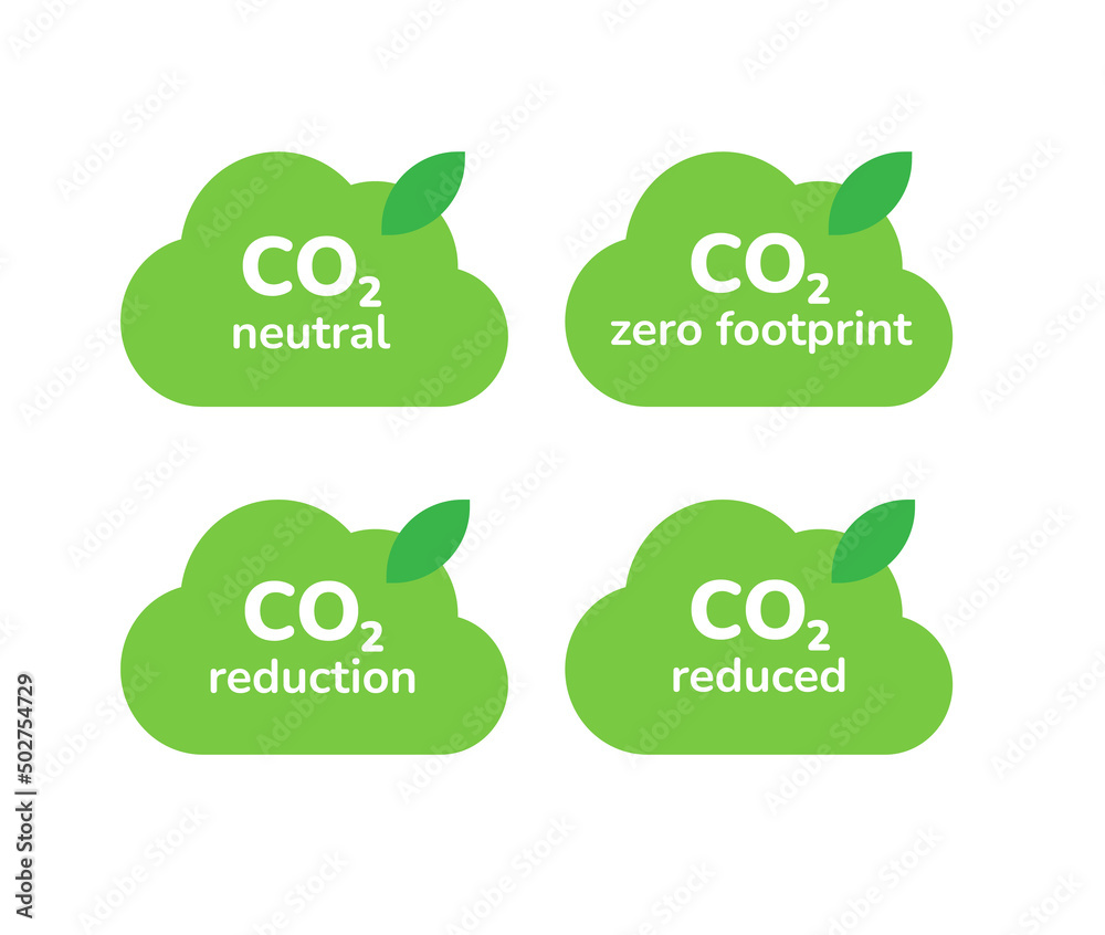 CO2 emission reduction icon set. Zero carbon footprint, CO2 neutral ...