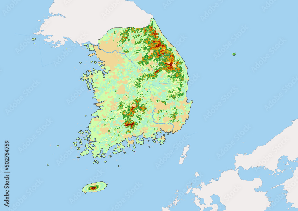 High detailed vector South Korea physical map, topographic map of South ...