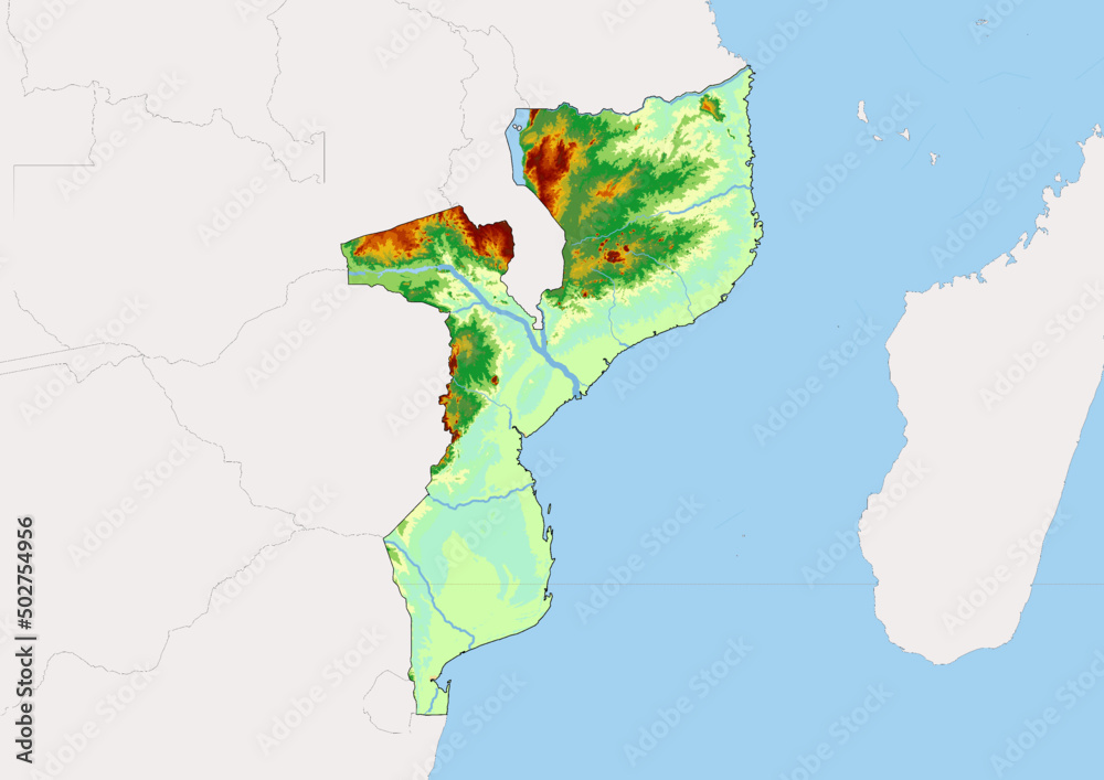 High detailed vector Mozambique physical map, topographic map of ...