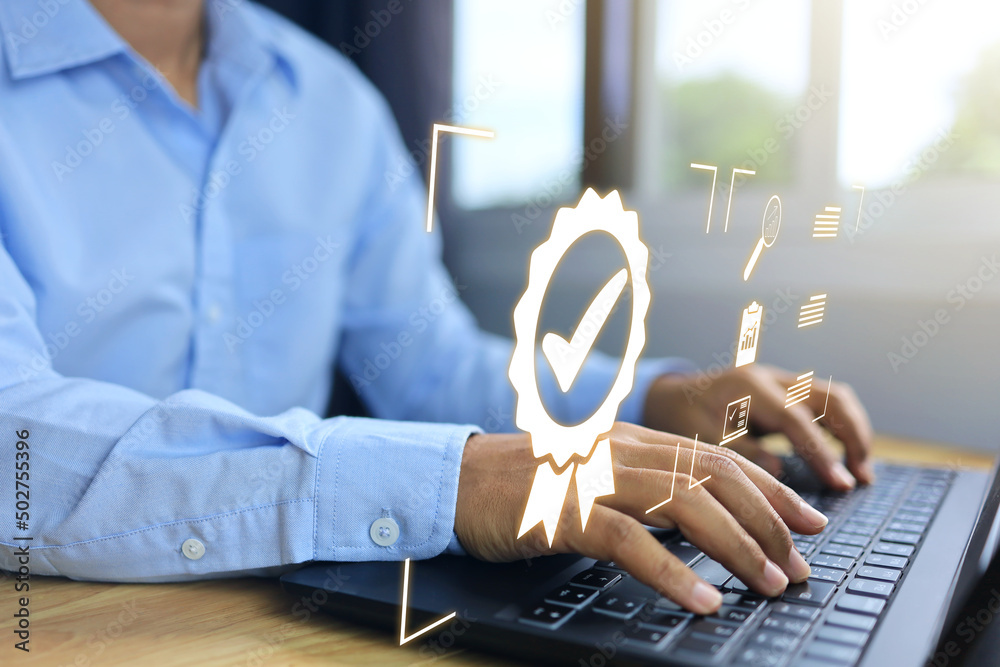 businessman working with the sign of the top service Quality assurance ...