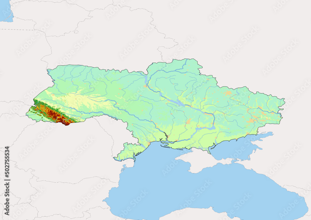 High detailed vector Ukraine physical map, topographic map of Ukraine ...