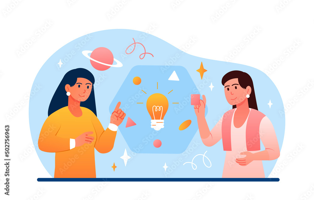 Concept of innovations. Two girls near light bulb, brainstorming and ...