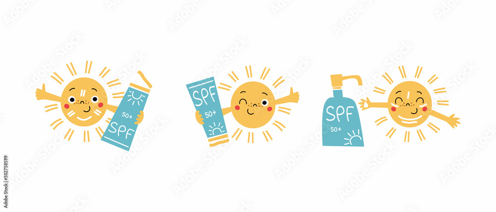 Set of sun with sunscreen. UV protection and sun safety concept for ...