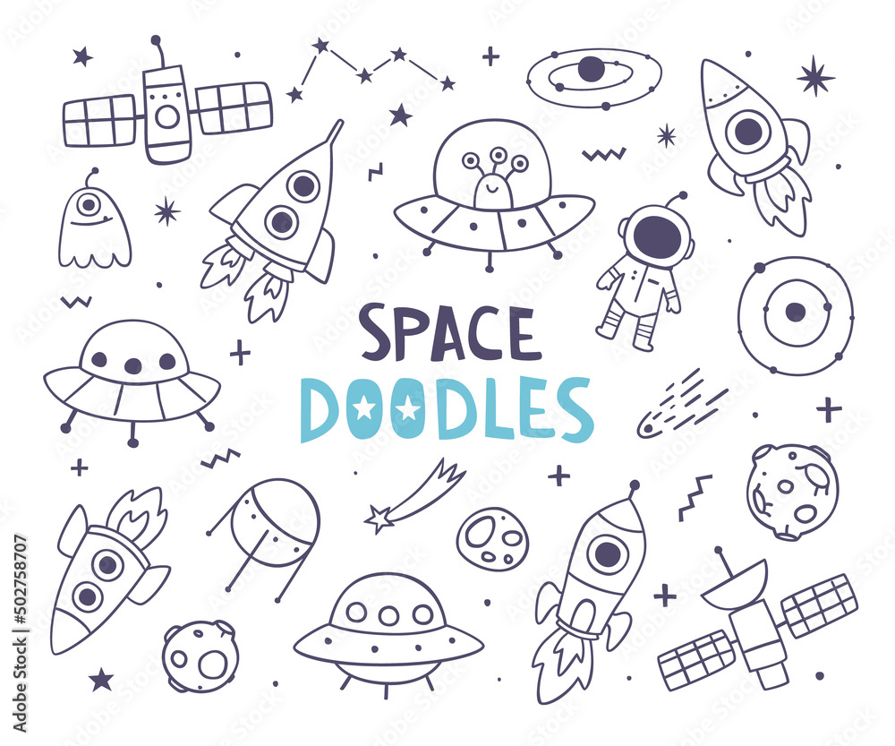 Set of space outline doodles. Cute cosmic collection of space objects ...