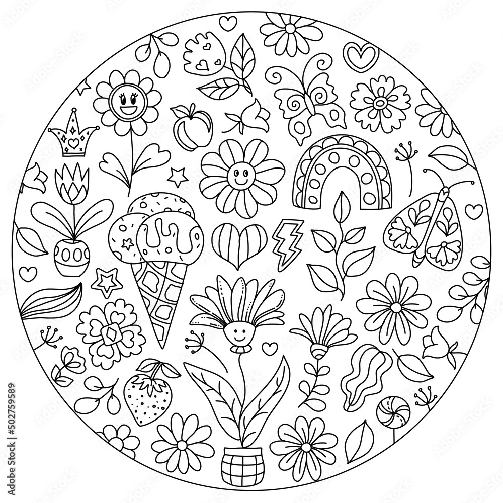 Happy, Positive, groovy Mandala colouring. Hand drawn coloring page for ...