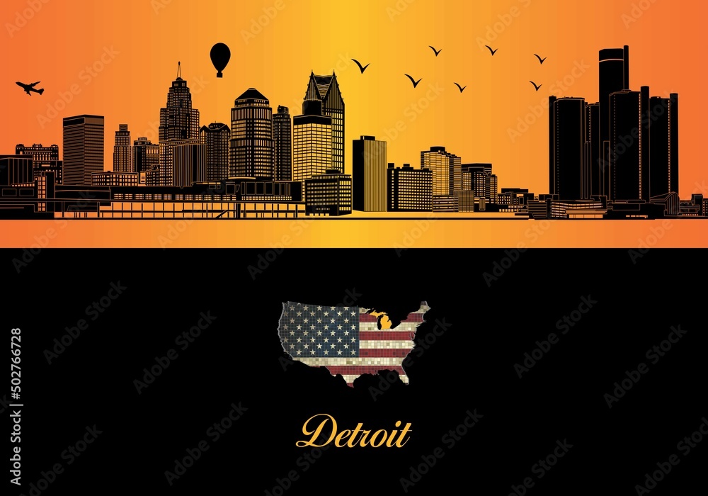 Detroit skyline silhouette - illustration, Town in orange background ...