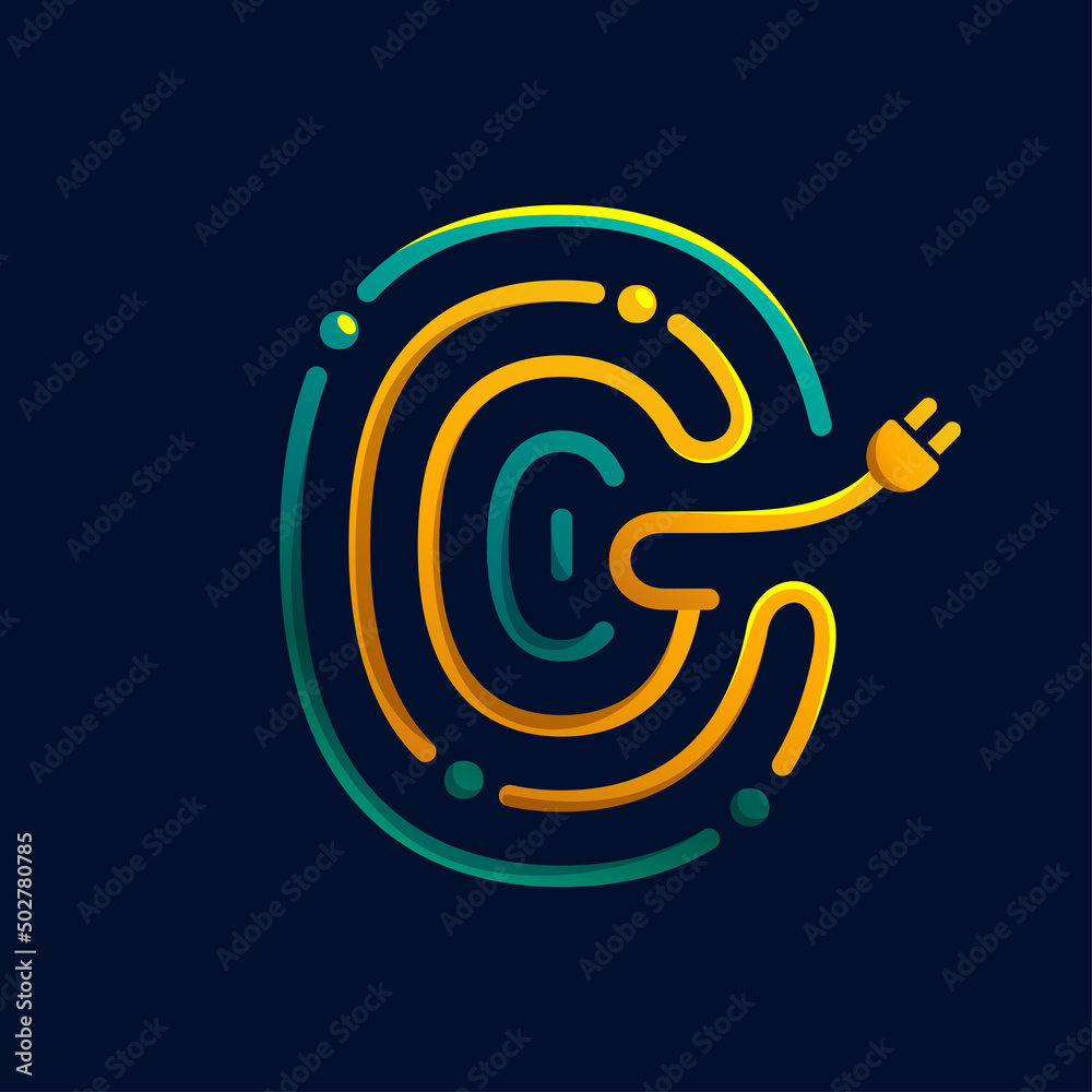 G letter logo made of fingerprint with plug. Colorful cable icon with ...