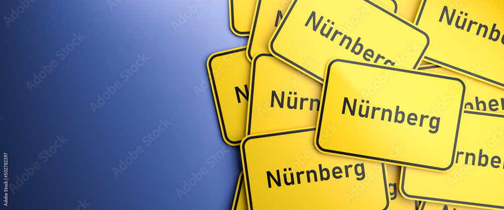 Multiple Nürnberg / Nuremberg city limit signs on a heap. Nürnberg is ...