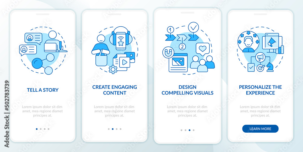 Customer Attention Span Blue Onboarding Mobile App Screen Walkthrough 4 Steps Graphic
