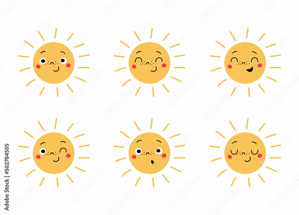 Emoticon set. Cute sun emoji. Stock Vector | Adobe Stock