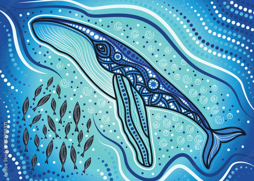 Obraz w ramie Whale in the ocean - Aboriginal art vector painting ...