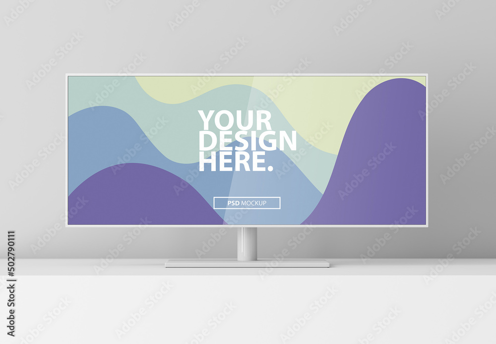 Monitor White Clay Mockup with Blank Screen on White Cube Stock ...