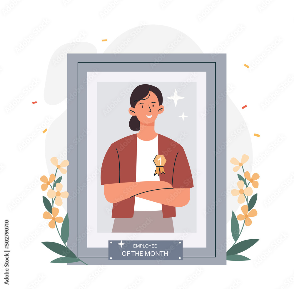 Employee of month. Photo of young girl in frame, award for best worker ...