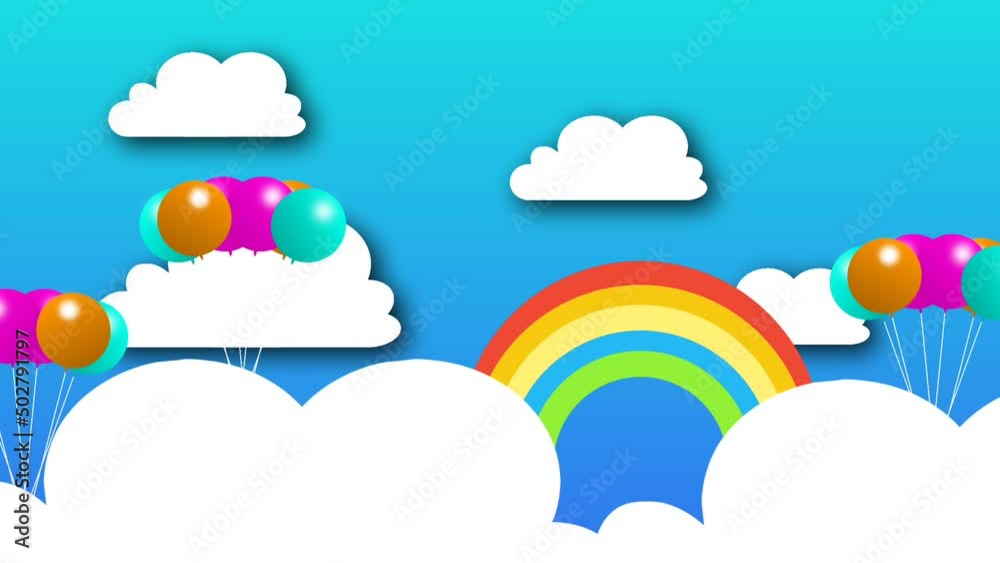 3D Animated background for children with rainbow clouds and waving ...