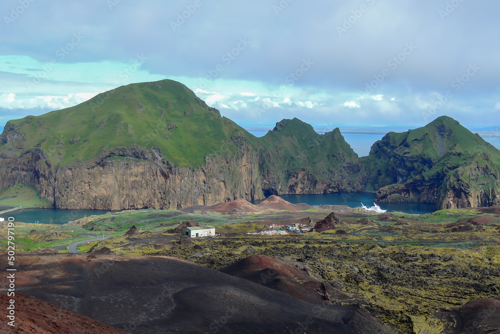 Colorful multicolored landscape lava view of Heimaey island with a ...