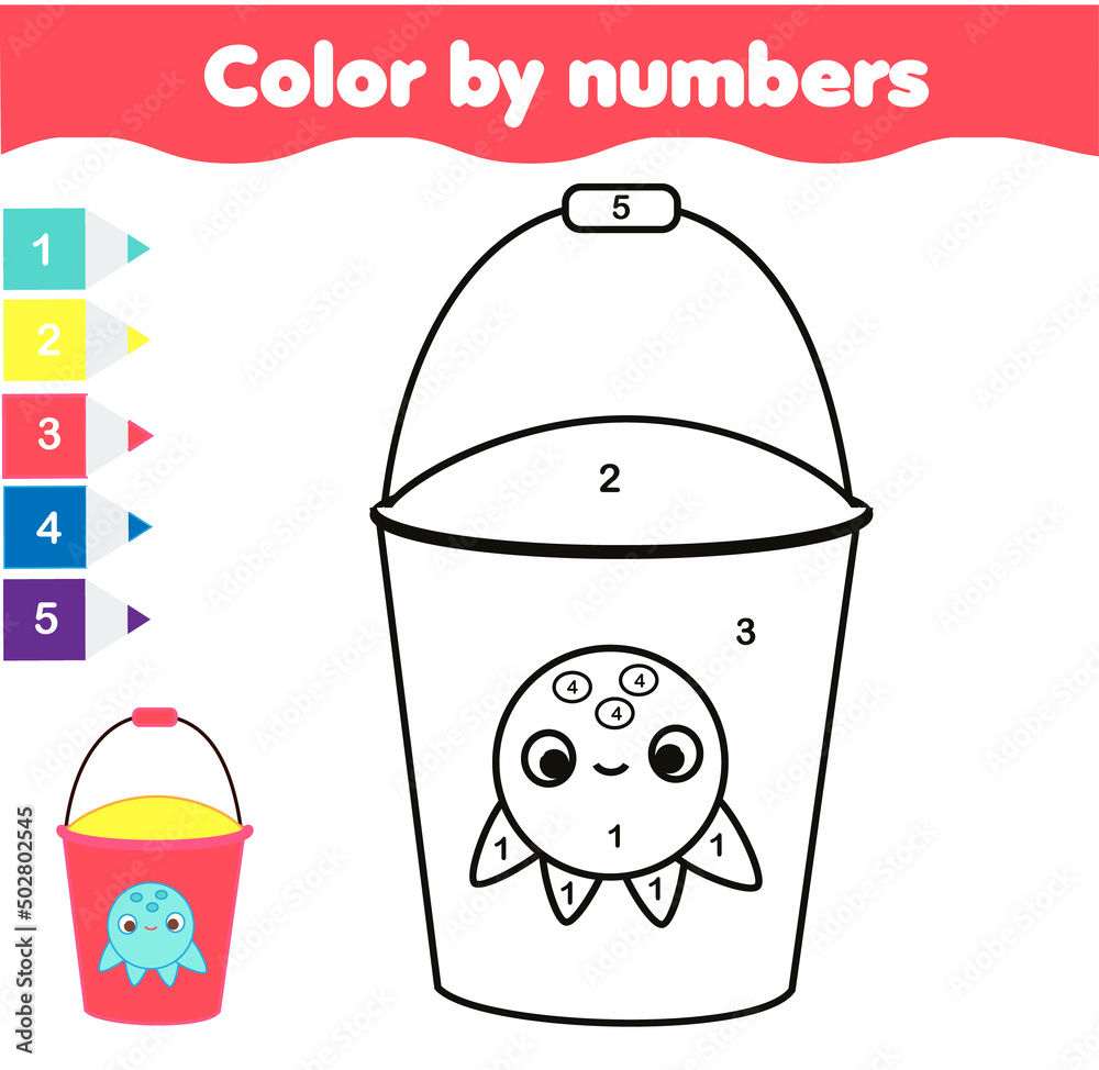Coloring page with beach bucket. Color by numbers picture for toddlers ...