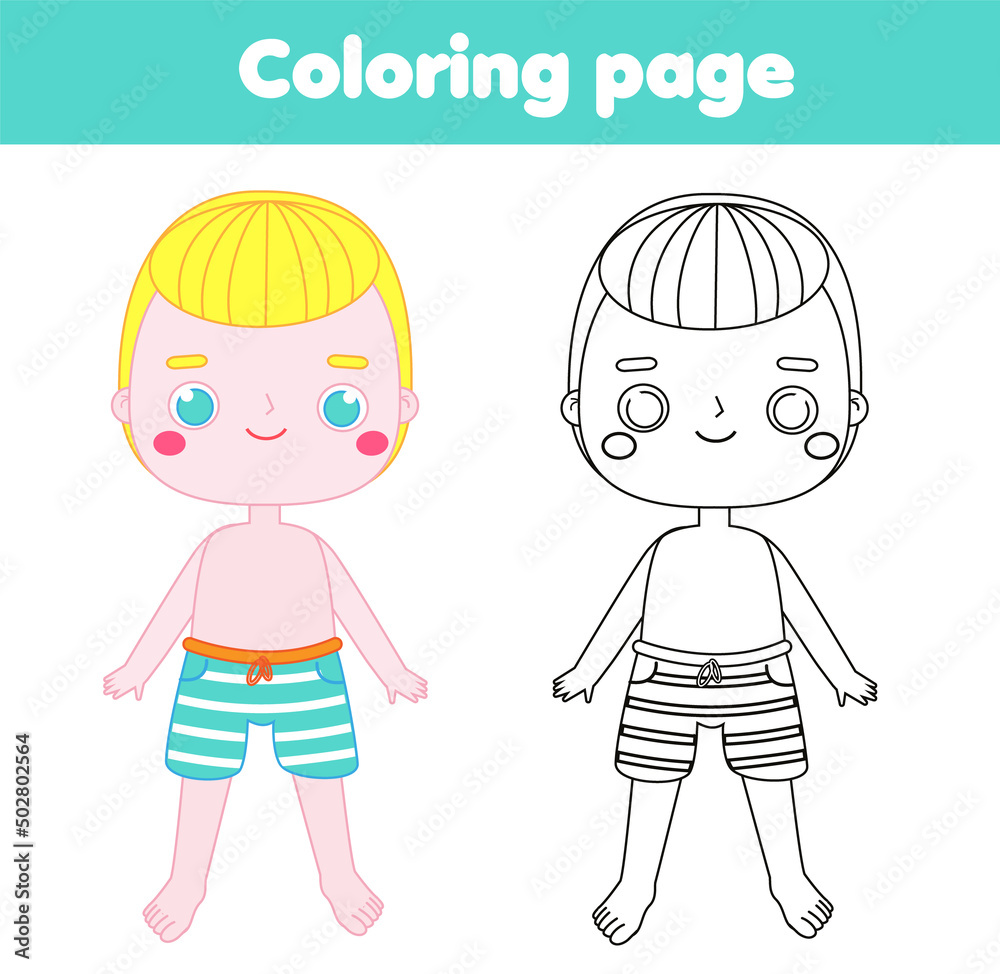 Coloring page with cartoon boy in beach shorts. Drawing kids activity ...