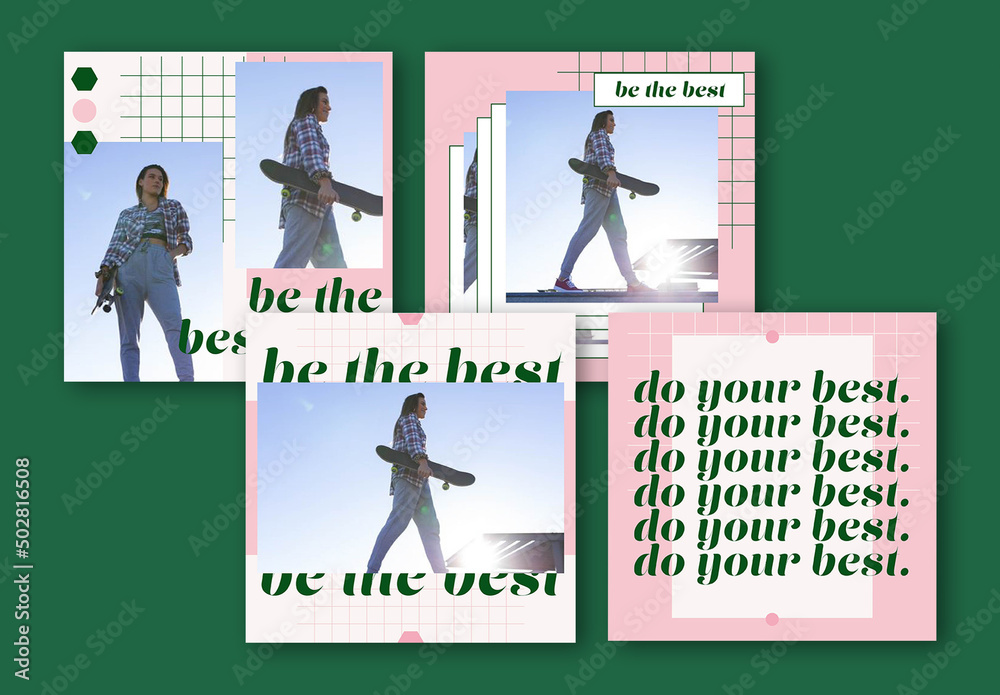 Set of Social Media Posts with Pink and Green Accents Stock Template ...
