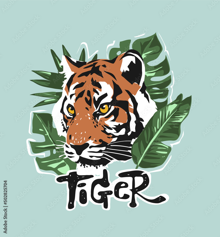 tiger slogan with tiger head and tropical leaf graphic vector ...