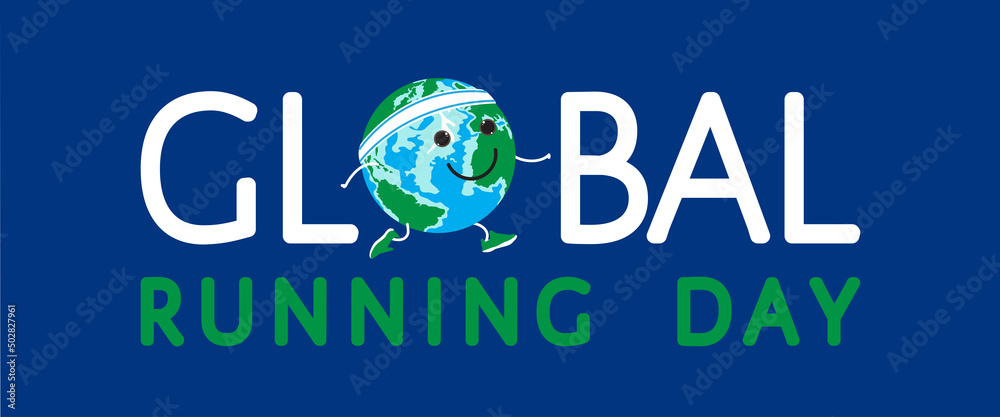 Global running Day in June vector banner, poster, template with the cartoon Earth planet jogging ...