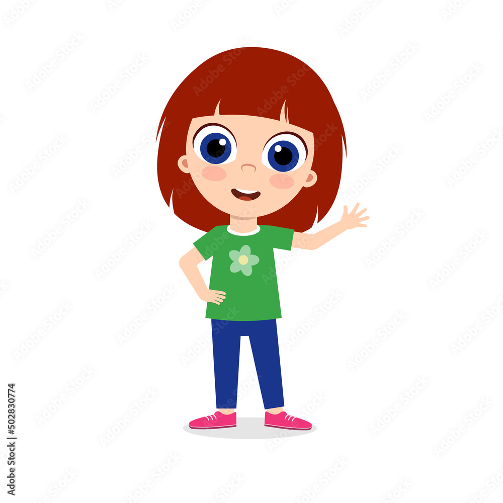 cute character little girl standing and waving hello for cartoon ...