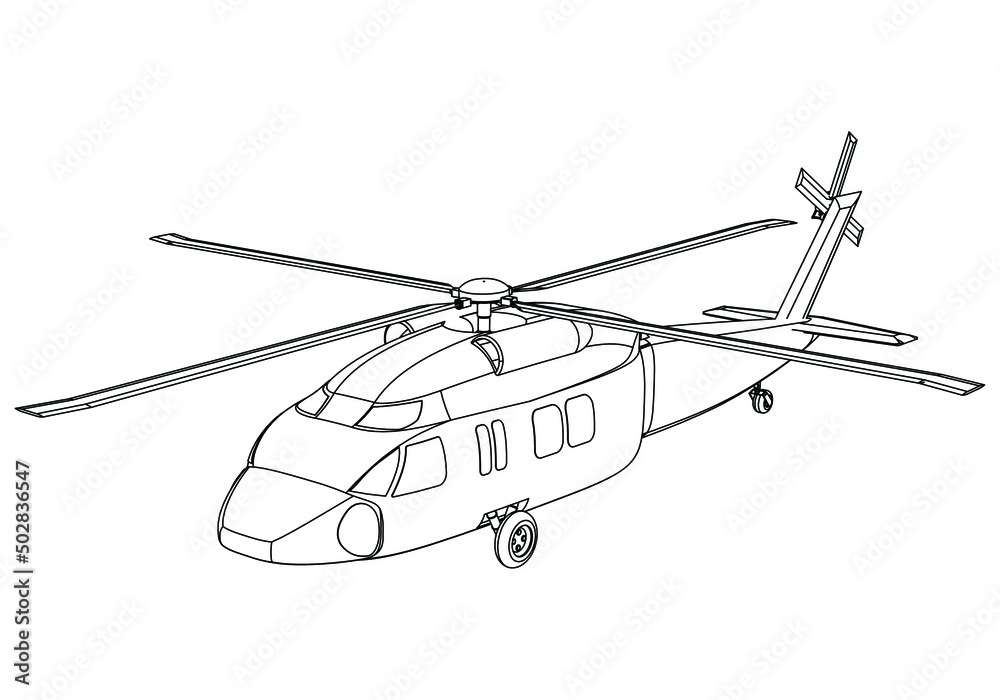 Military helicopter drawing line art vector illustration. Cartoon ...