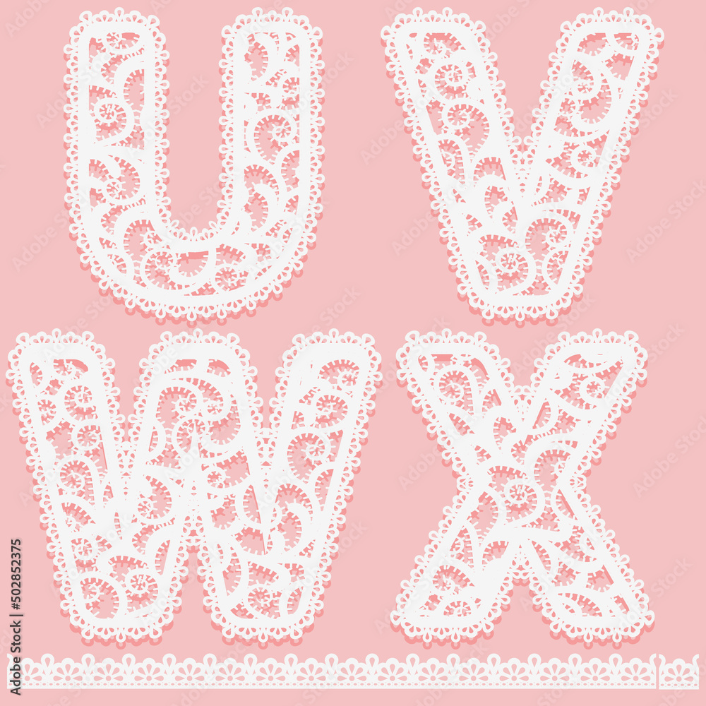 Letters U, V, W, X are made of white lace guipure isolated on pink ...