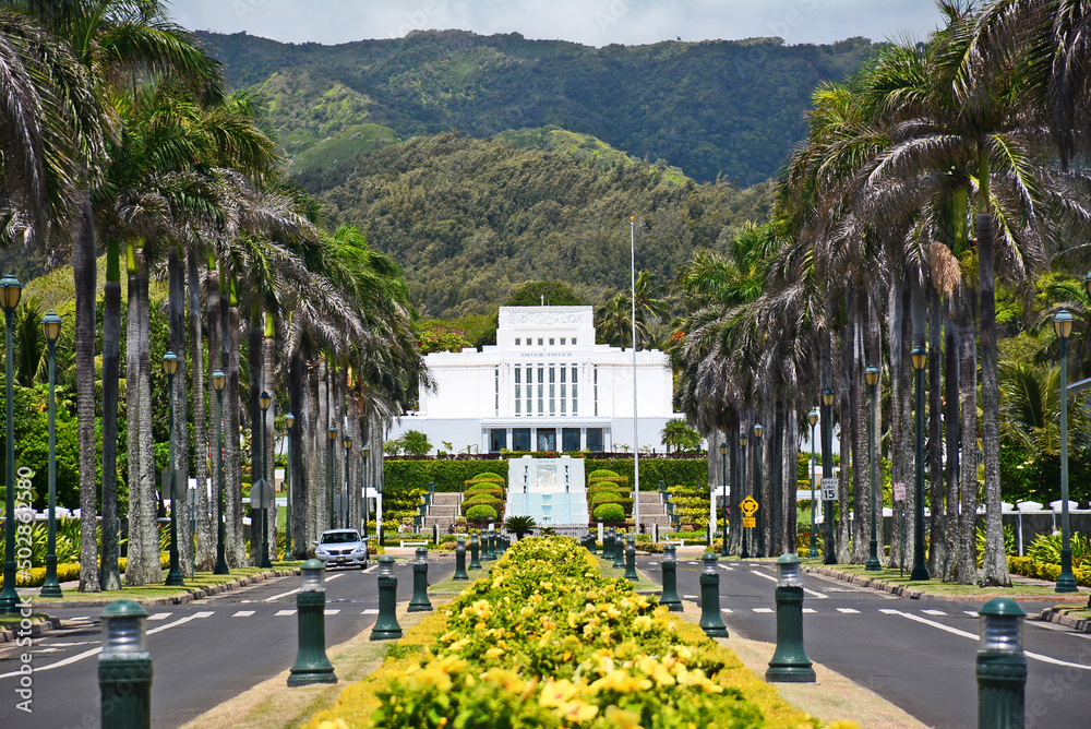 Mormon temple in Laie town on the windward and northshore area of Oahu ...