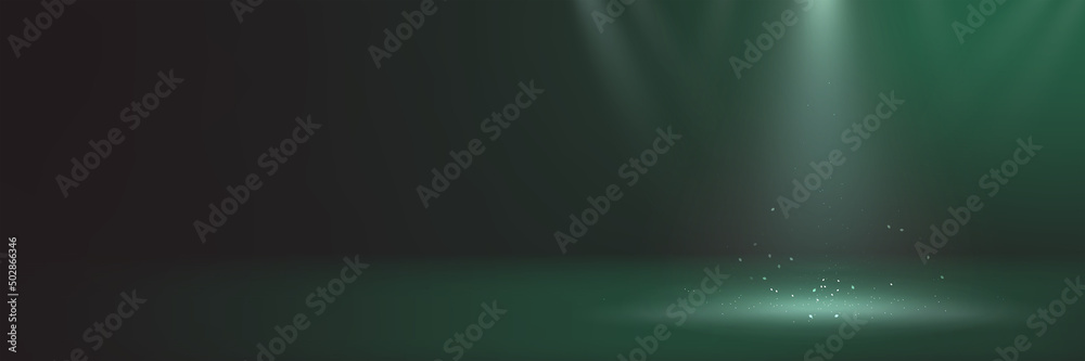 Dark green backdrop shooting set stage with spotlights and light ...