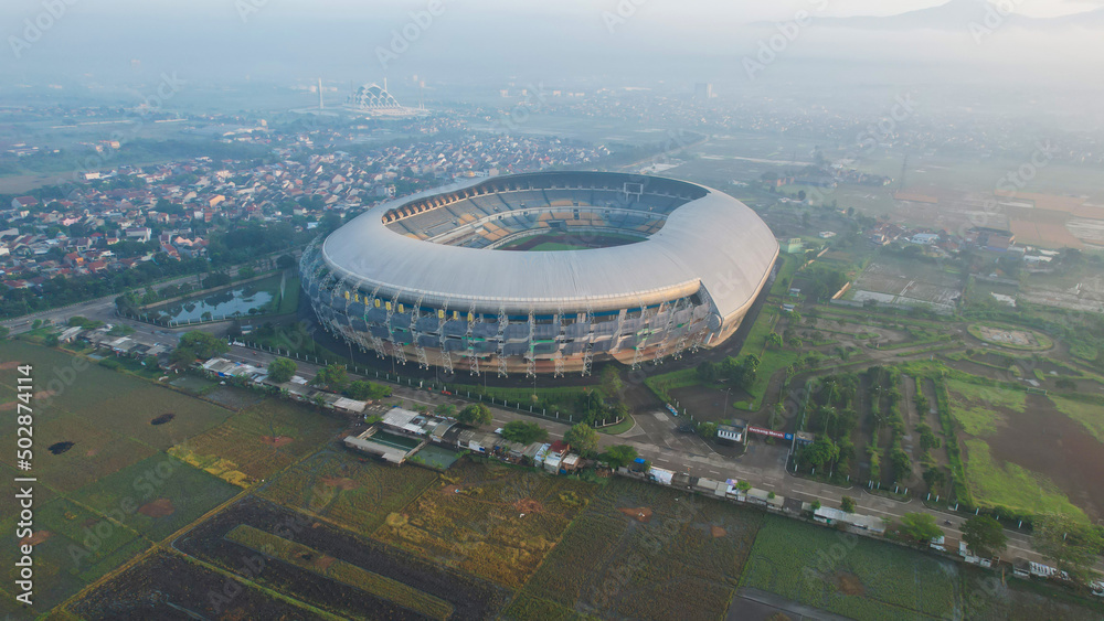 Aerial view of the Beautiful scenery Gelora Bandung Lautan Api (GBLA) Football or Soccer Stadium ...