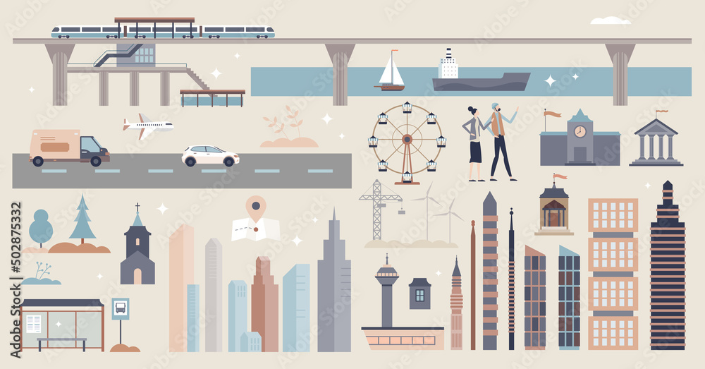 Infrastructure set with facilities and transportation elements tiny ...