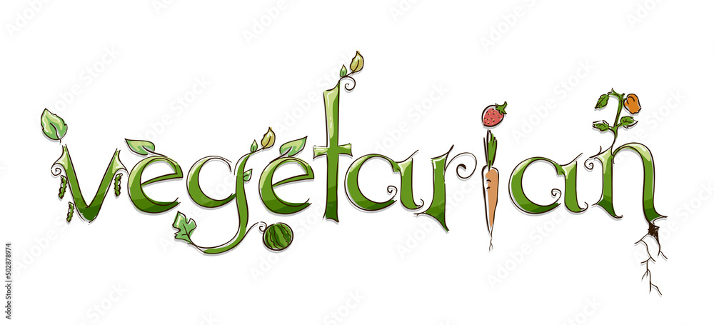 Poster Vegetarian Lettering Fruits Vegetables Illustration – Wall Art ...